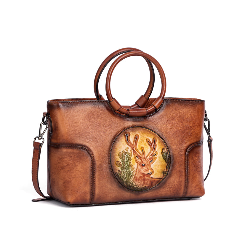 Fashion Large Capacity Round Handle Vintage Leather Shoulder Tote Bag ...